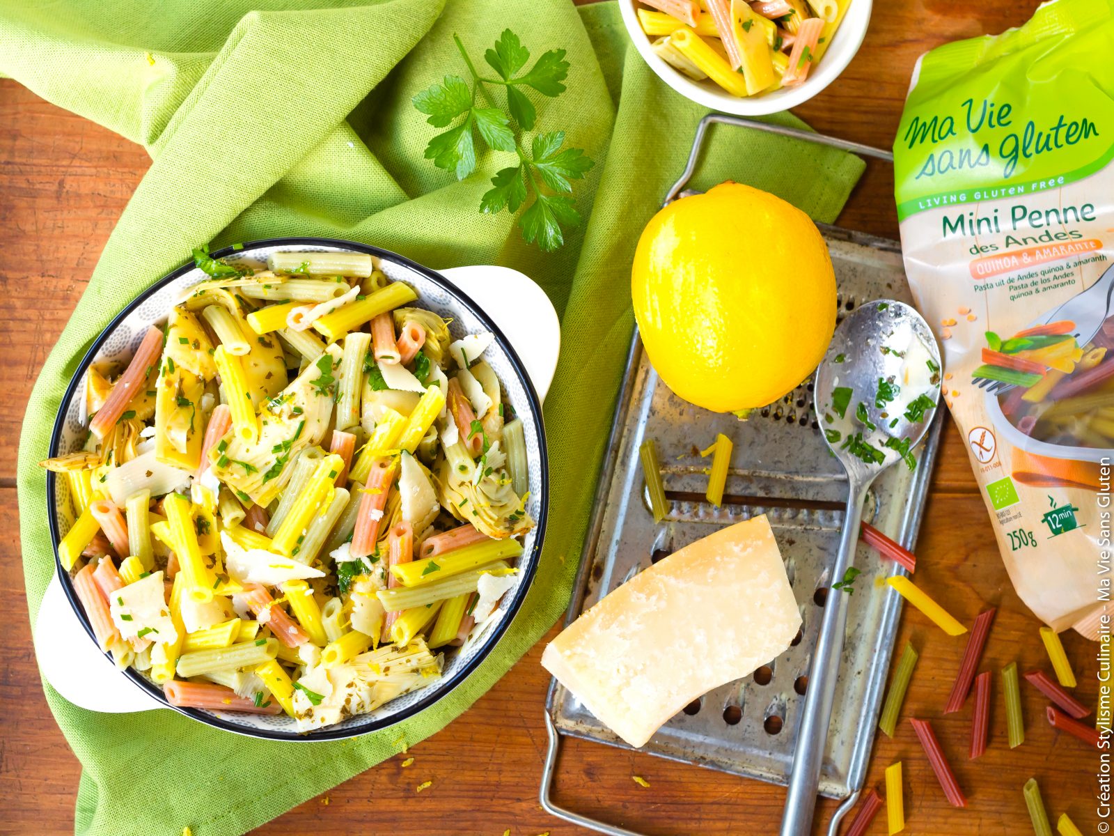 Mini penne des Andes sans gluten aux artichauts, citron et parmesan ...